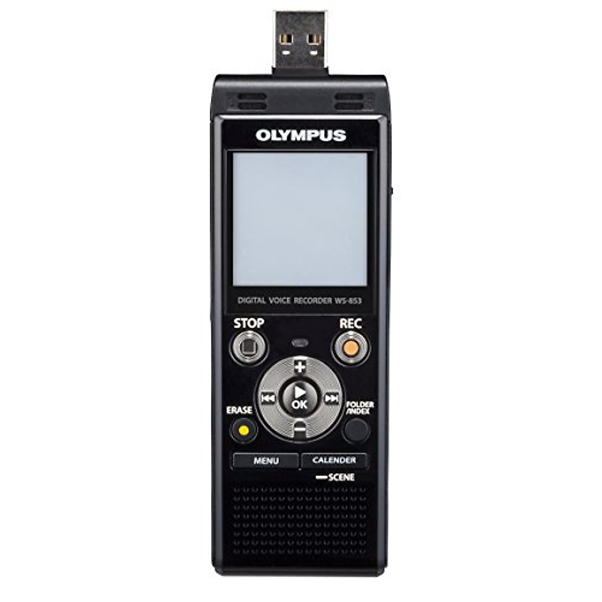 Olympus WS-853 black voice recorder with true stereo mic, 8GB, 110 hours battery life, voice balance, direct USB connection, with MP3 file format.