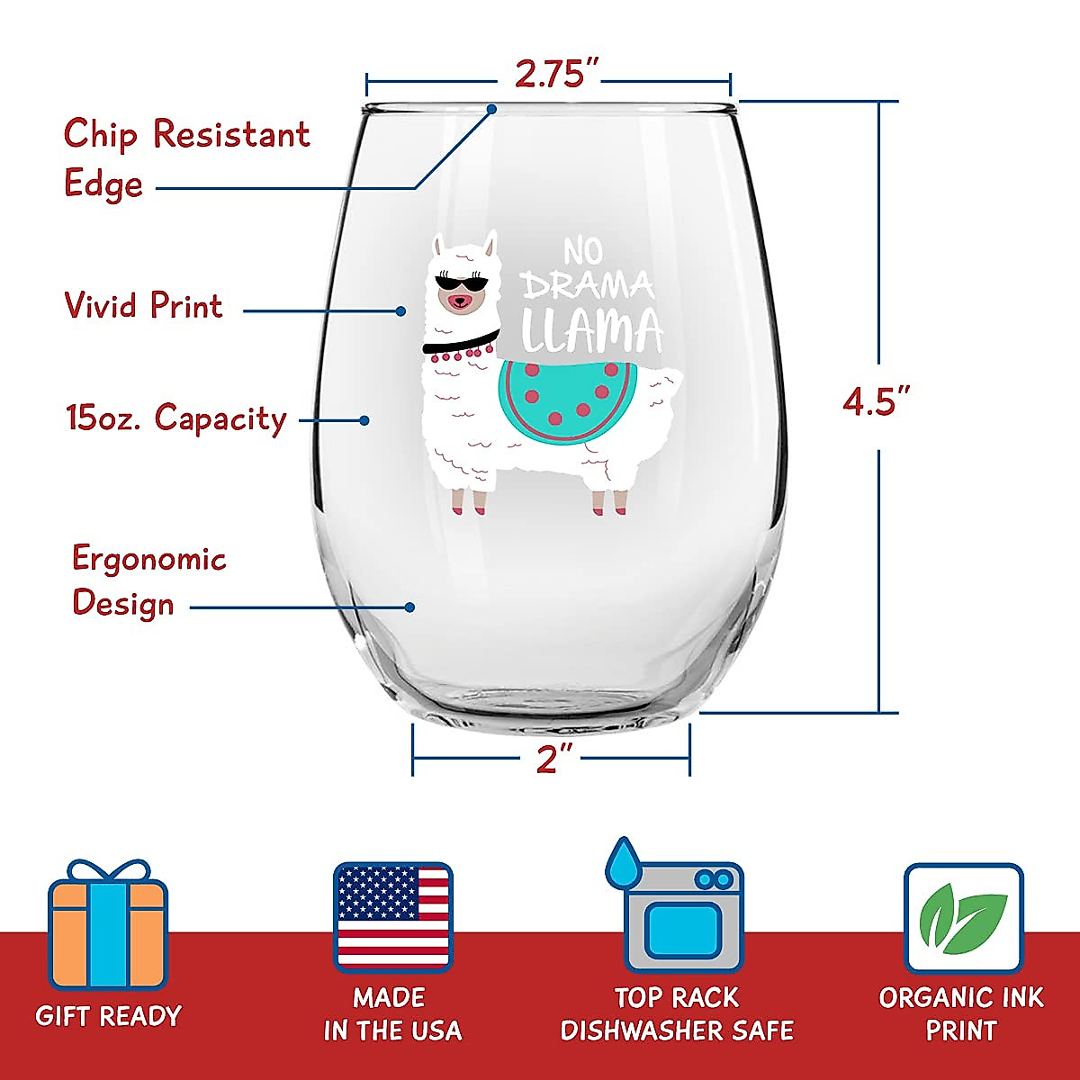 No Drama Llama Funny Stemless Wine Glass Cup (15 oz) - Cute Llama Gifts for Women Adults- Novelty Wine Glasses with Cute Sayings for Women- Llama Llama Decor- Made in USA