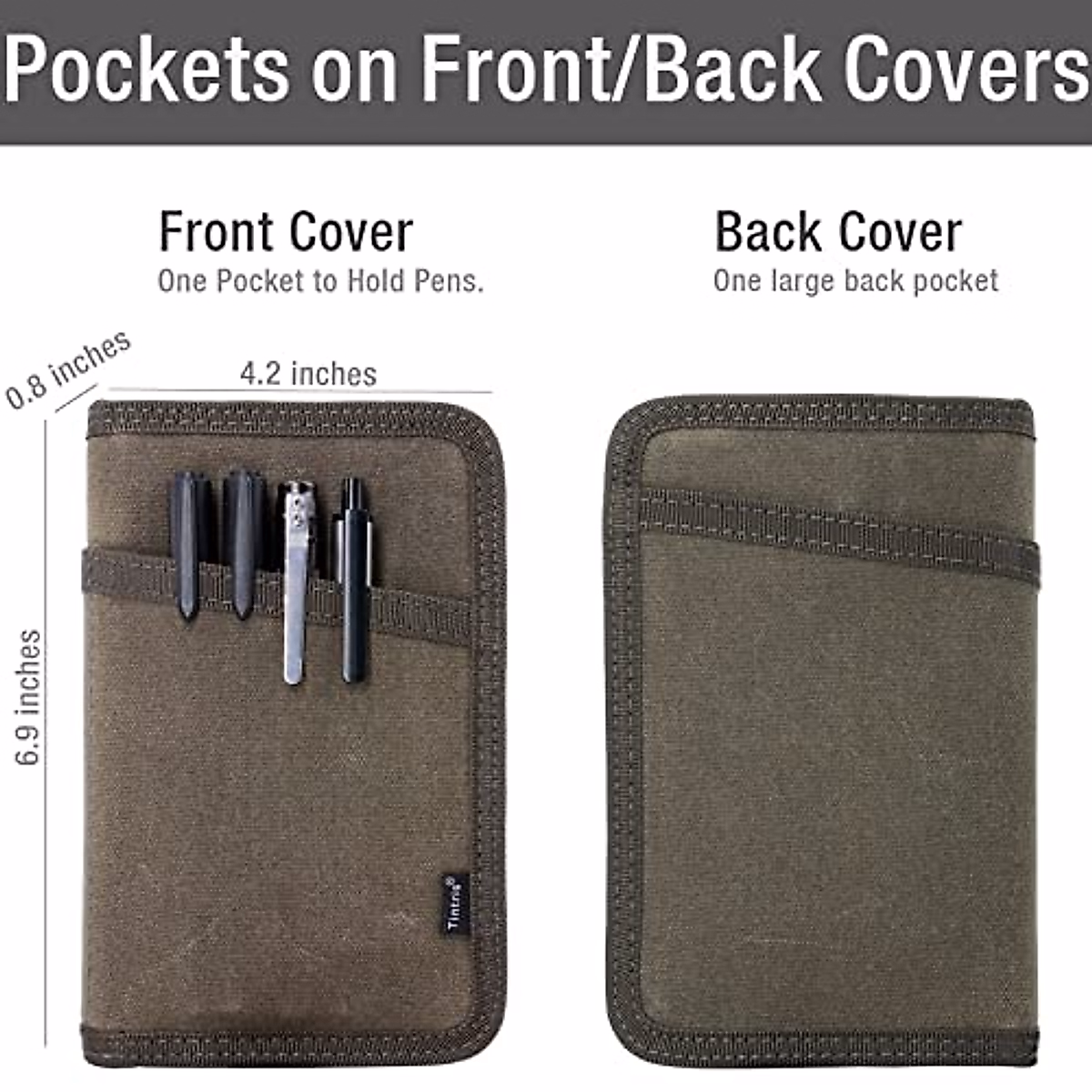 Tintris Journal Cover for Field Notes Notebooks Moleskine Cahier 3.5 x 5.5 with zipper pen holder, Water Resistant Pocket Notebook Cover for Journal Notebook planner, Classy Waxed Canvas, Olive