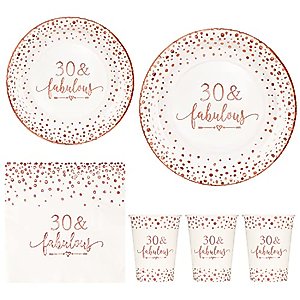 Crisky Rose Gold Foil 30 Fabulous Napkins Plates Cups Set for Women 30th Birthday Party Decorations Supplies, Disposable Tableware Set of 24 (9" Plates, 7" Plates, Luncheon Napkins, 9oz Cups)