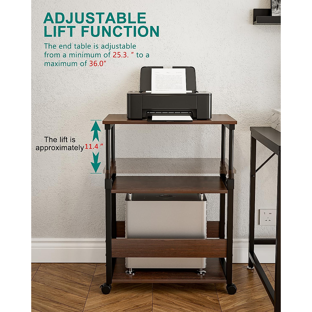 Computer Tower Stand with Wheels, Height Adjustable PC Tower Stand Under Desk, 3 Shelves Rolling Printer Cart for Home Office, Walnut