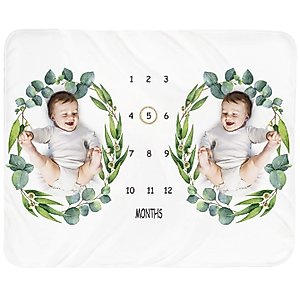 Baby Monthly Milestone Blanket Twins - Newborn Month Blanket Unisex Neutral Personalized Shower Gift Leaf Nursery Decor Photography Background Prop with Wooden Wreath Large 51''x40''