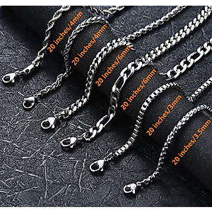 OLARCU 6 Pcs Silver Chains, Stainless Steel Cuban Link/Rope/Box/Figaro/Square Rolo/Wheat Chain Necklace Jewelry Set for Women Men, 20 inches