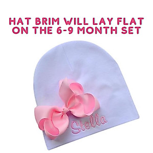 Baby Girl Embroidered INITIAL Bodysuit and MATCHING Beanie HAT Gift SET with Your Custom Name (PINK & GRAY DOT) (0-3 MONTHS)