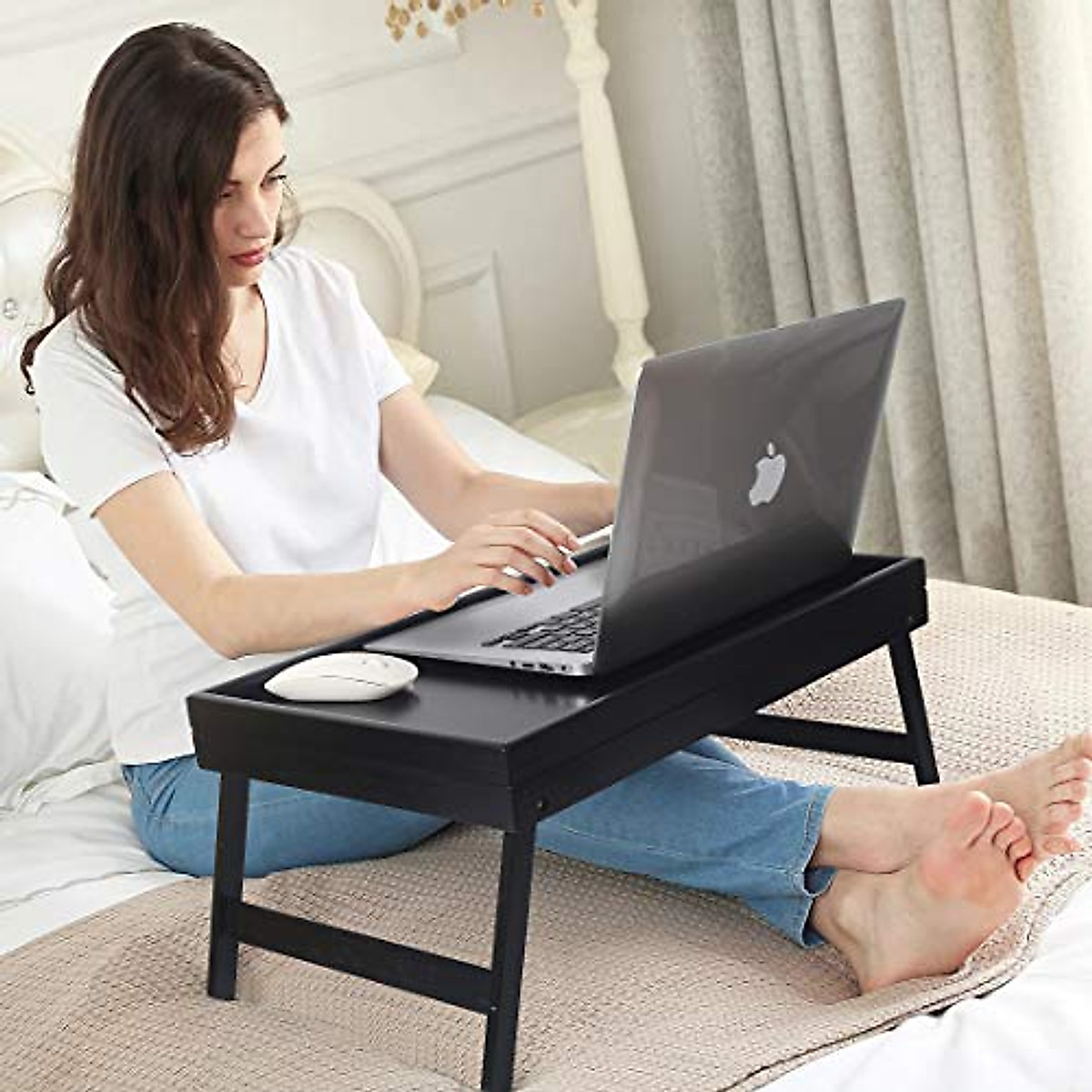 Bed Tray Table Breakfast Food Tray with Folding Legs Kitchen Serving Tray for Lap Desks Notebook Computer Bed Platters TV Snack Tray(Black)