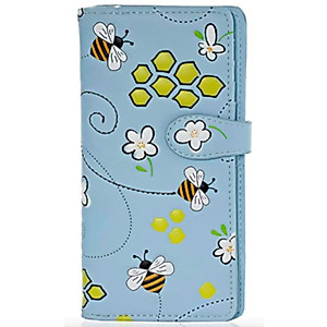 Shag Wear Bumble Bee Honeycomb Large Wallet for Women and Teen Girls Vegan Faux Leather Blue 7"