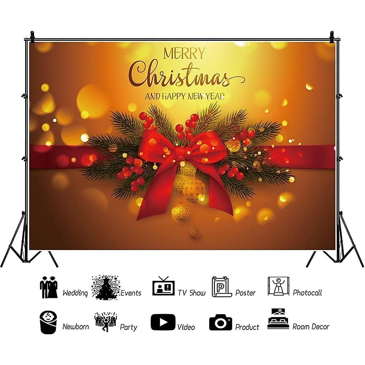 Yeele 5x3ft Christmas Backdrop for Party Happy New Year Red Bow Pine Cones Gold Lighting Lantern Balls Vinyl Background Kids Xmas Party Decorations Banner Photo Booth Props