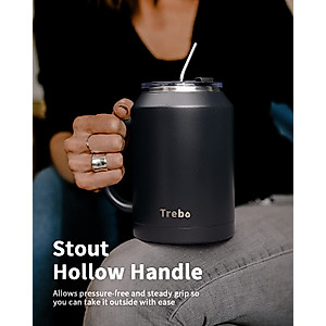 Trebo 50 oz Stainless Steel Mug Tumbler with Handle, Vacuum Insulated Large Iced Coffee Cup with Lids and Straws,Reusable Water Bottle Trave Flask Jug Keeps Drinks Cold up to 36 Hrs,Sweat Proof,Black