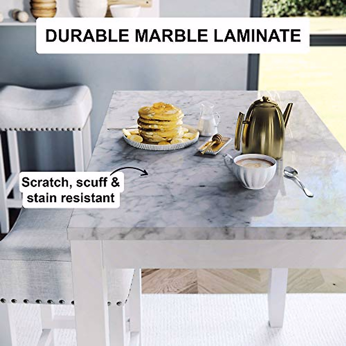 Nathan James Viktor 3 Piece Dining Set, Heigh Kitchen Counter Pub or Breakfast Table with Marble Top and Fabric Wood Base Seat, Light Gray/White