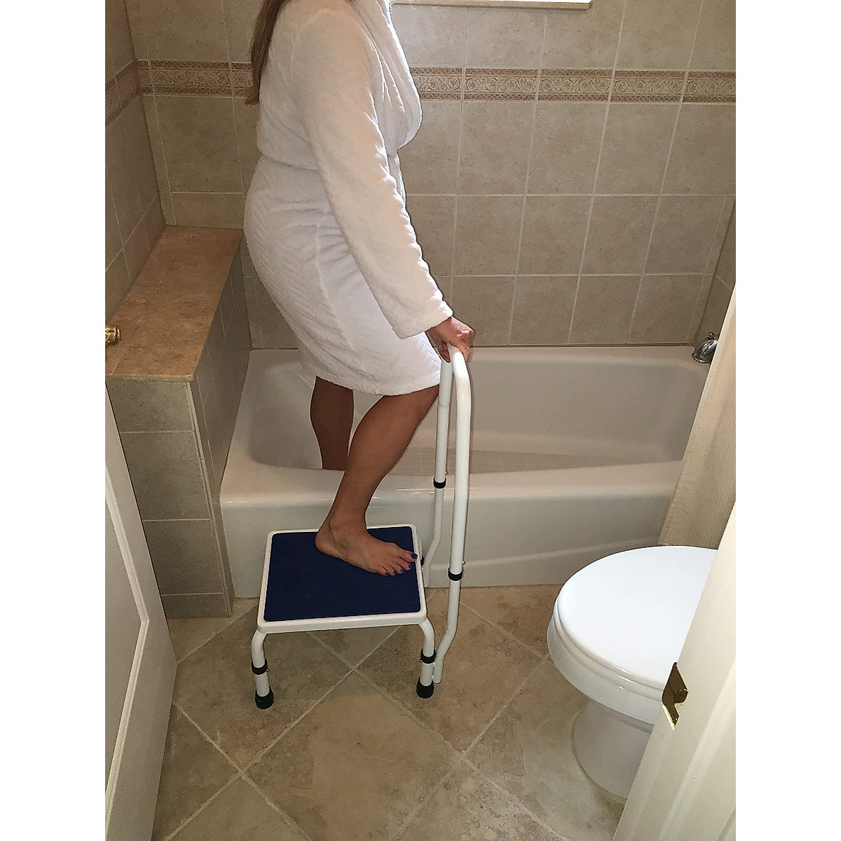 AdjustaStep(tm) Deluxe Step Stool/Footstool with Handle/Handrail, Height Adjustable. 2 Products in 1. Modern White/Blue Design. Padded Non-Slip Handle. 300 lb. Capacity