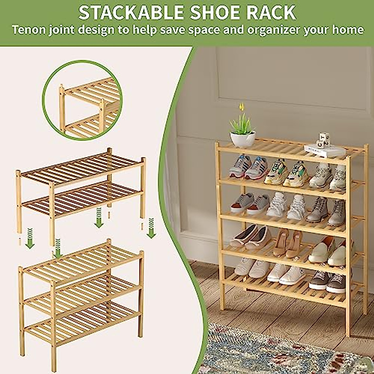 ROMGUAR CRAFT 3 Tier Bamboo Shoe Rack for Closet Free Standing Wood Shoe Shelf for Entryway Small Space Stackable 27"x11"x20" (Natural)