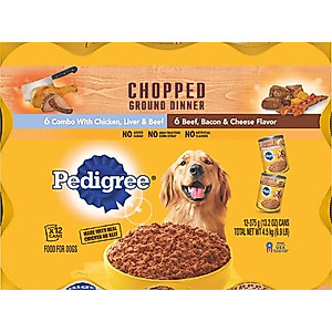 Pedigree Ground Dinner Wet Dog Food Variety Pack, Chicken, Beef and Liver, Beef, Bacon and Cheese, 13.2 Ounce (Pack of 12)