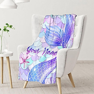Custom Kids Blanket for Girls with Name, Gift for Mermaids Lovers, 60 x 50 Inches Mermaid Blanket for Kids, Warm Flannel Throw Mermaid Tail Blanket, Soft Glitter Throws for Bed, Couch Office Travel