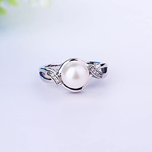 JO WISDOM Pearl Ring,925 Sterling Silver Infinity Cubic Zirconia Women's Rings with 9mm White Freshwater Cultured Pearl Ring size 5