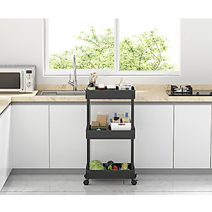 Sooyee 3-Tier Plastic Rolling Utility Cart with Wheels, Multi-Functional Storage Trolley for Office, Living Room, Kitchen, Movable Storage Organizer with Wheels, Black