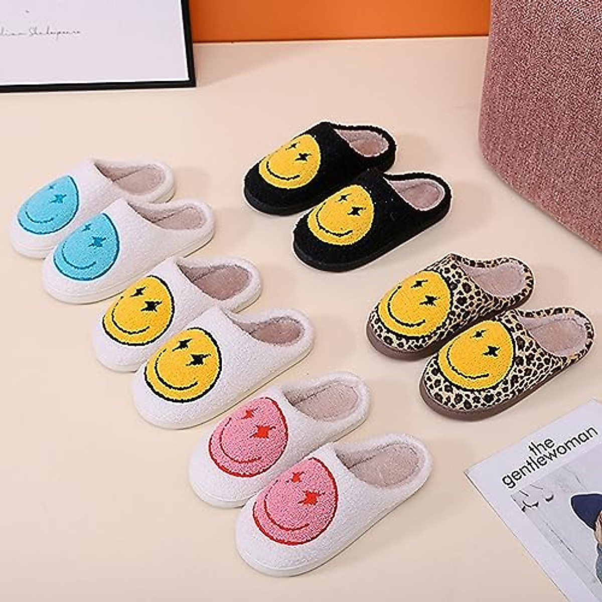 vkxqtep Lightning Bolt Smile Happy Face Slippers for Women Men Retro Soft Plush Comfy Warm Fuzzy Slippers Cozy House Slippers
