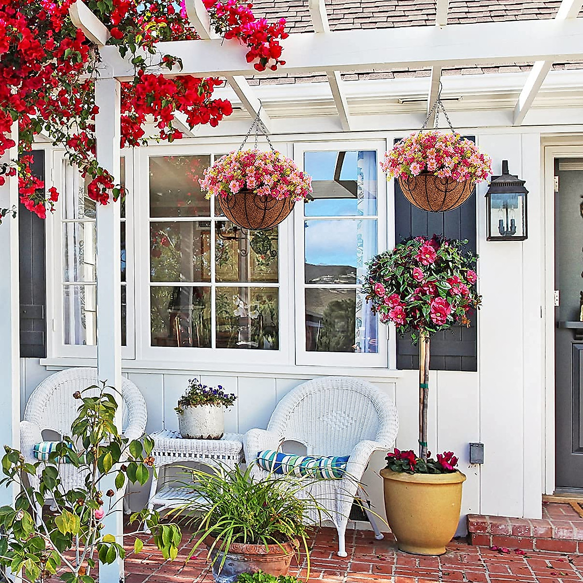 Maybox Artificial Hanging Basket with Flowers for Garden Eave Patio Lawn Decor 49Pcs Fake Daisy Bunches in 11.8 inches Metal Planter with Coco Coir Liner