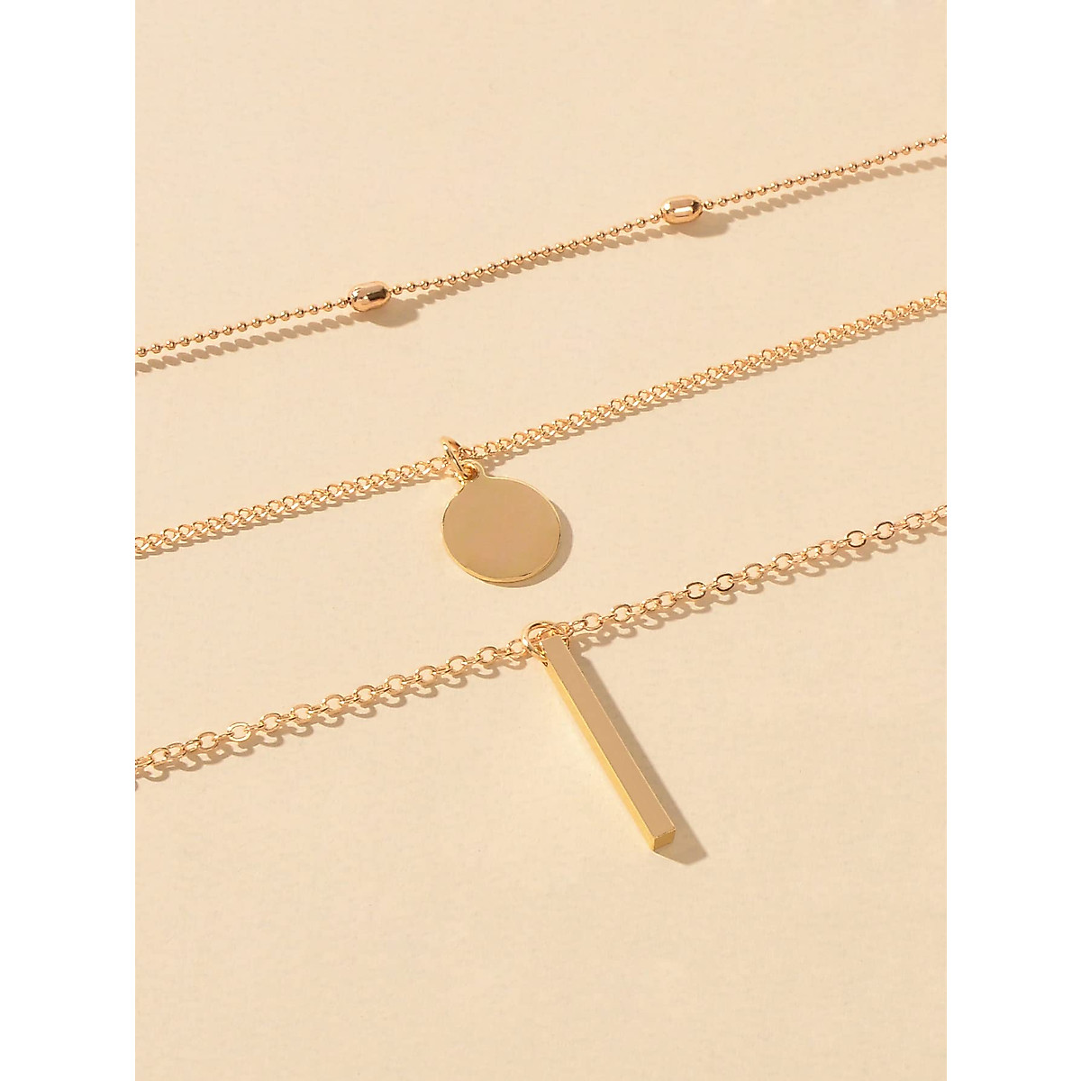 GORGLITTER Women's 3 Piece Round and Bar Pendant Layered Necklace Dainty Chain Choker Necklaces Yellow Gold One Size