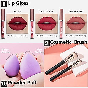 Lookmee All In One Makeup Essential Starter Kit for Beginners or Pros, 18 Colors Naked Eyeshadow Palette Nude Face Primer, Brush, Sponge, Eyebrow Powder, Winged Eyeliner Stamp (SetA)