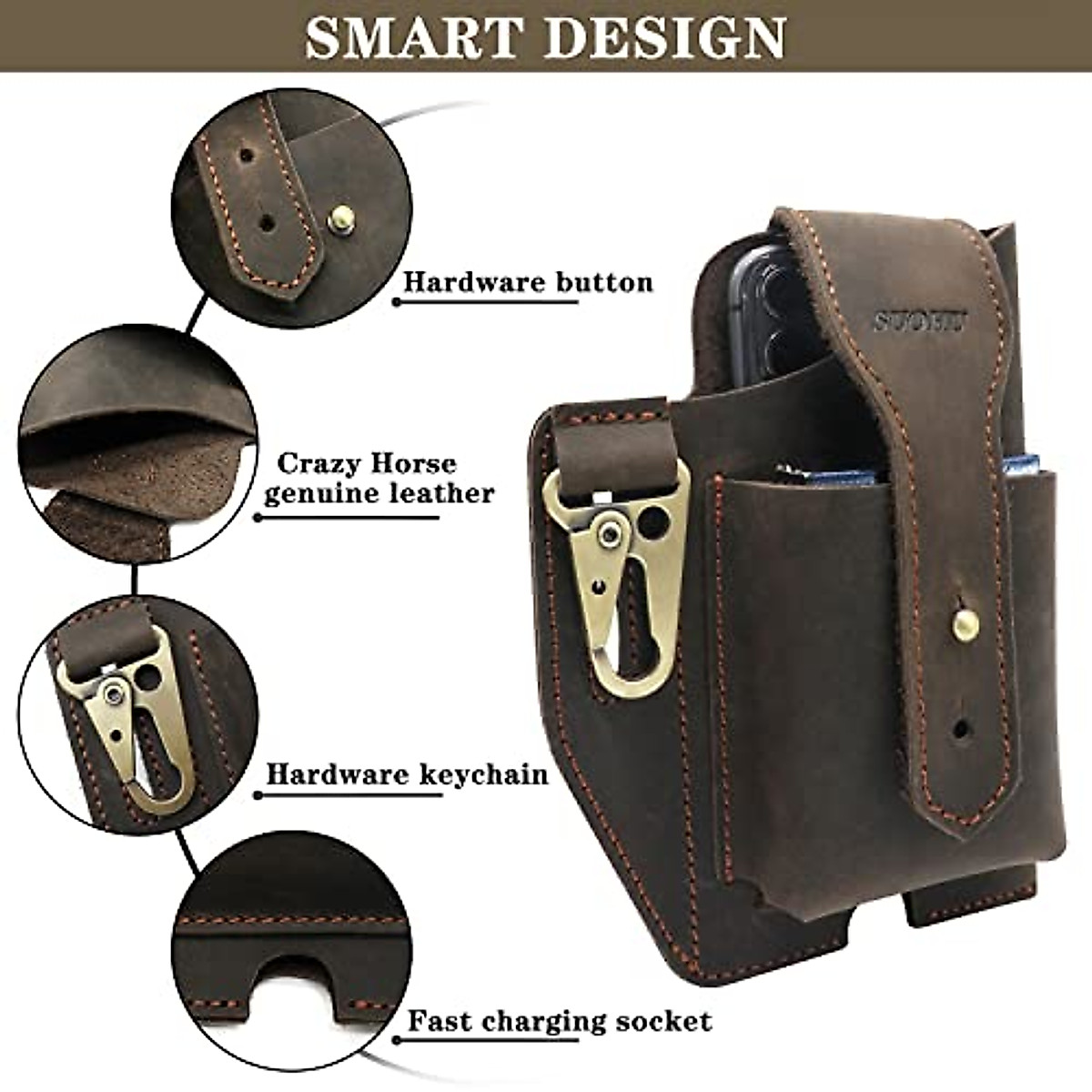 SUOHU Leather Phone Holster with Belt Clip, Leather Cell Phone Holder for Belt, Leather Belt Phone Pouch, Universal Leather Phone Case on Belt, Tactical Leather Phone Belt Bag for iPhone (Dark Brown)