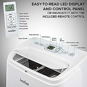 Ivation 12,000 BTU Portable Air Conditioner with Wi-Fi for Rooms Up to 450 Sq Ft (8,000 BTU SACC) 3-in-1 Smart App Control Cooling System, Dehumidifier and Fan with Remote, Exhaust Hose & Window Kit