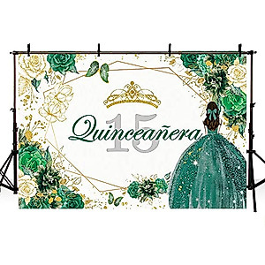 Sendy 7x5ft Quinceanera 15th Birthday Backdrop for Sweet Girl Mis Quince Anos 15th Birthday Party Decorations Green Gold Glitter Floral Crown Butterfly Banner Photography Background Cake Table Props