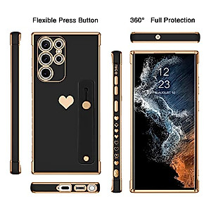 BENTOBEN Galaxy S22 Ultra Case,Slim Luxury Heart Design Plated Soft Bumper Women Men Girl Protective Case Cover with Strap for Samsung Galaxy S22 Ultra 6.8 inch,Black/Gold
