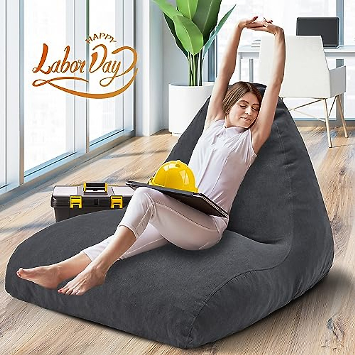 Homguava Bean Bag Chair Sofa Memory Foam Pre-Filled Bean Bag Chairs Stuffed Beanbag Sofa Lazy Bean Bag Sofa for Adults, Kids, Teens for Gaming, Reading & Relaxing(Linen, Dark Grey)