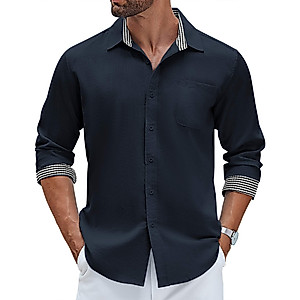 COOFANDY Mens Casual Shirts Long Sleeve Button Up Dress Shirts for Men Linen Beach Wedding Shirts, Navy Blue, XX-Large