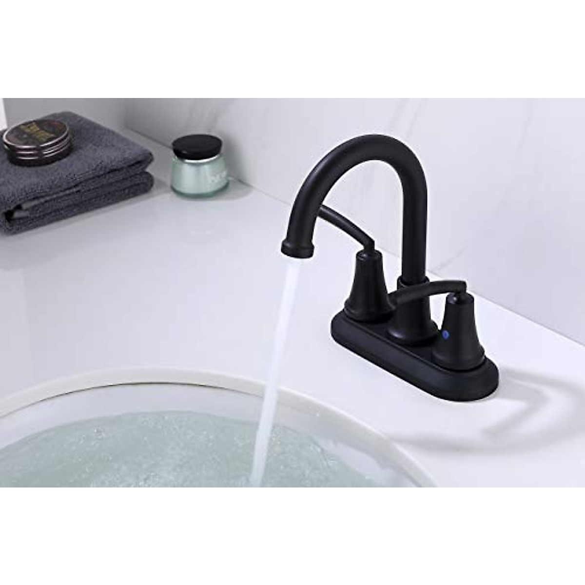 RKF 4 inch Matte Black Bathroom Sink Faucet 2-Handle Centerset Bathroom Faucet with Drain 360 Swivel Spout 2-3 Hole Bathroom Vanity Sink Faucet Bathroom Basin Lavatory Mixer Tap BF023-MB