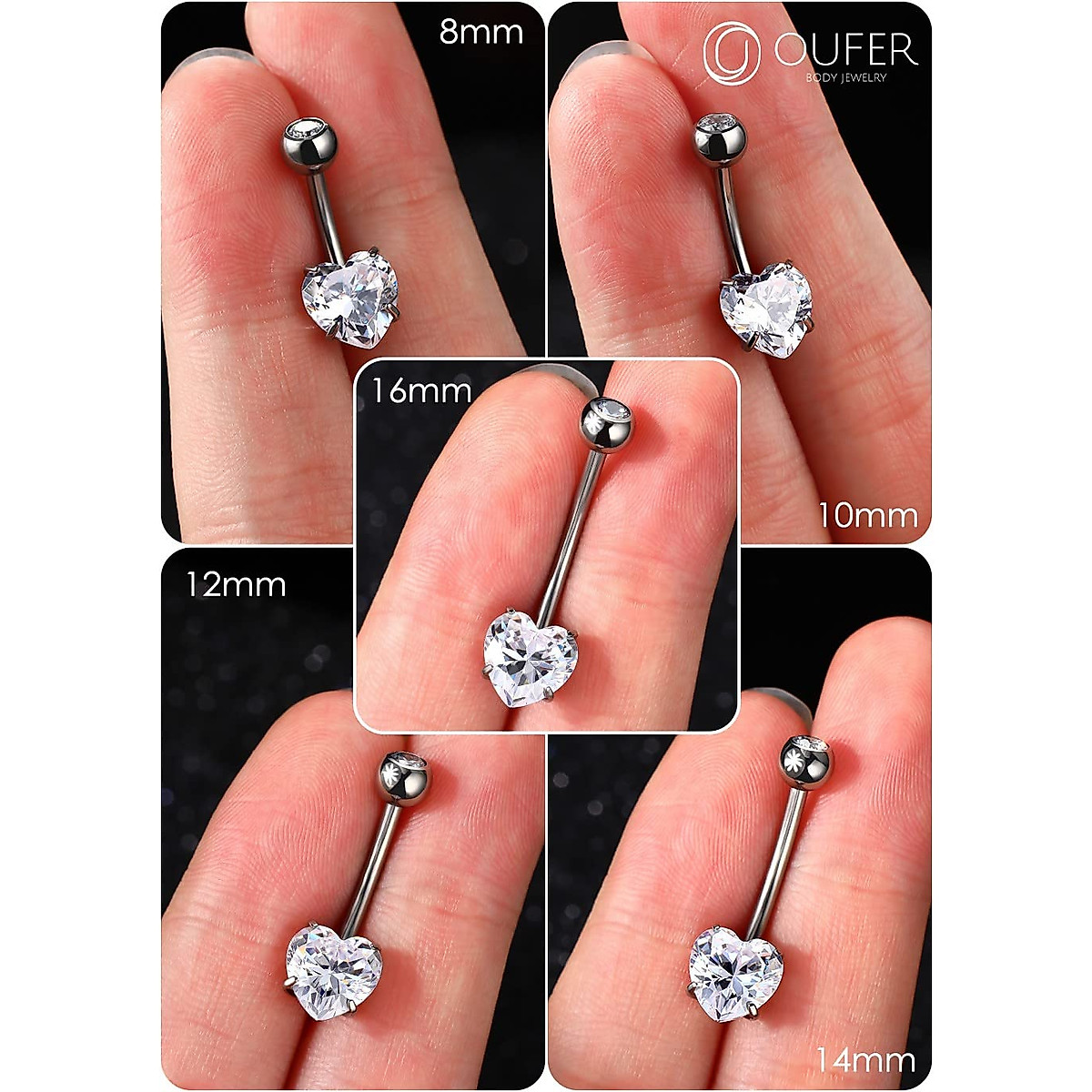 OUFER 14G Belly Rings, Long Belly Button Rings, G23 Solid Titanium Belly Piercing Jewelry, Heart Shaped Navel Piercing Jewelry, Belly Rings for Women Men-16mm