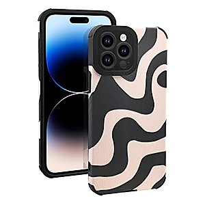 INJPCUCA Designed for iPhone 14 Pro Max Case Cute Wave Pattern Design Black Protective Case for Women Girls PU Leather Silicone Slim Shockproof Cover for iPhone 14 Pro Max 6.7", Beige Pink