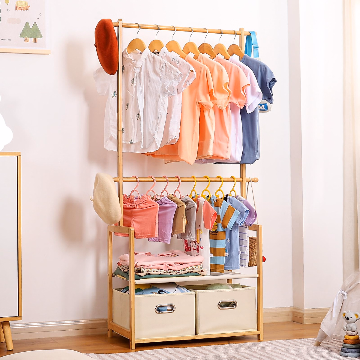 Vilaxing Kids Clothing Rack Bamboo with 2 Storage Baskets and 2 Adjustable Hanging Rods,Child Garment Rack,Dress up Rack for Playroom,Toddlers Bedroom (Natural)