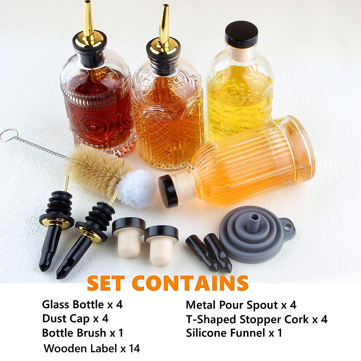 Shining Craft Coffee Syrup Dispenser Set 4 Packs 7 OZ Vinegar Dispenser Set with Metal Pour Spout Ideal for Coffee Syrups, Condiments, Oil Dispenser for Kitchen, Coffee bar, SC055 (4)