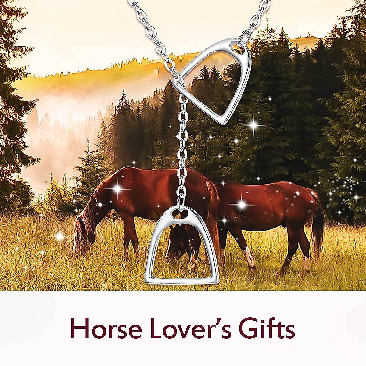 FANZE Double Horse Stirrup Lariat Necklace Y Style Layered Horseshoe Pendant Embrace Horse Necklace Horse Gifts For Women