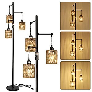Stepeak Rattan Floor Lamp, 3-Lights Boho Floor Lamp with Stepless Dimmer, 65" Farmhouse Rustic Floor Lamps for Living Room, Tall Tree Floor Lamp with Rattan Shades, Dimmable Standing Lamp for Bedroom