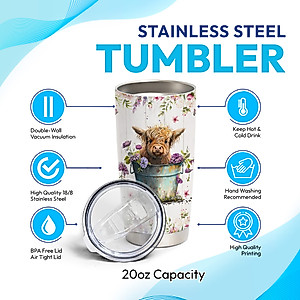 Hyturtle Personalized Gifts For Highland Cow Lover - Highland Cow Customized Name Stainless Steel Tumbler 20oz With Lid - Idea Farm Animals Lover Gifts For Women, Girl, kids On Birthday, Christmas