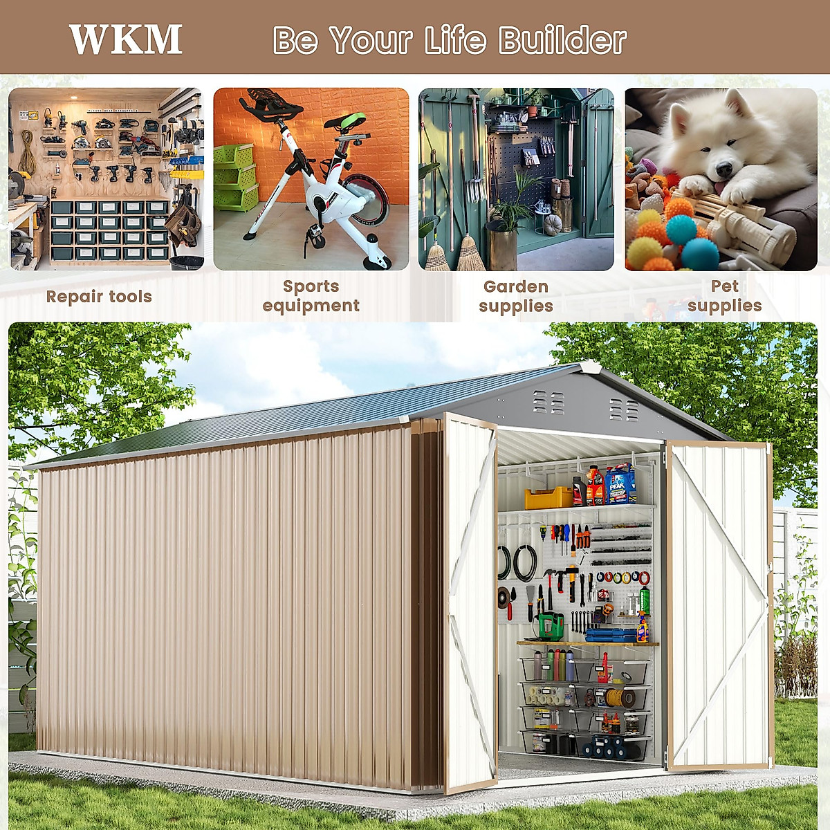 WKM Outdoor Storage Shed 8x12 FT, Utility Metal Tool Storage with Lockable Doors and Updated Frame Structure, Large Metal Garden Shed for Backyard, Patio Lawn, Brown