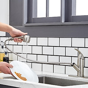 Comllen Commercial Small Kitchen Faucet Brushed Nickel, Stainless Steel Single Handle Pull Out Kitchen Sink Faucet, Single Hole Low Kitchen Faucets with Sprayer