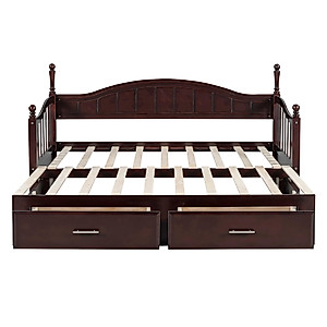 Guxeei Twin Size Daybed, Wooden Extendable Sofa Bed Frame with Twin Size Trundle and Two Storage Drawers for Bedroom, Sturdy Wood Slat Support, No Box Spring Needed, Easy Assembly (Espresso)