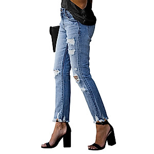 KUNMI Women's Ripped Boyfriend Slim Fit Jeans Frayed Distressed Stretchy Denim Pants