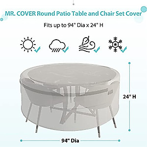 MR. COVER 94" Dia Round Patio Table Cover, Outdoor Table and Chair Set Cover, 94Dia x 24H Inches, Waterproof & UV-Protection, Beige