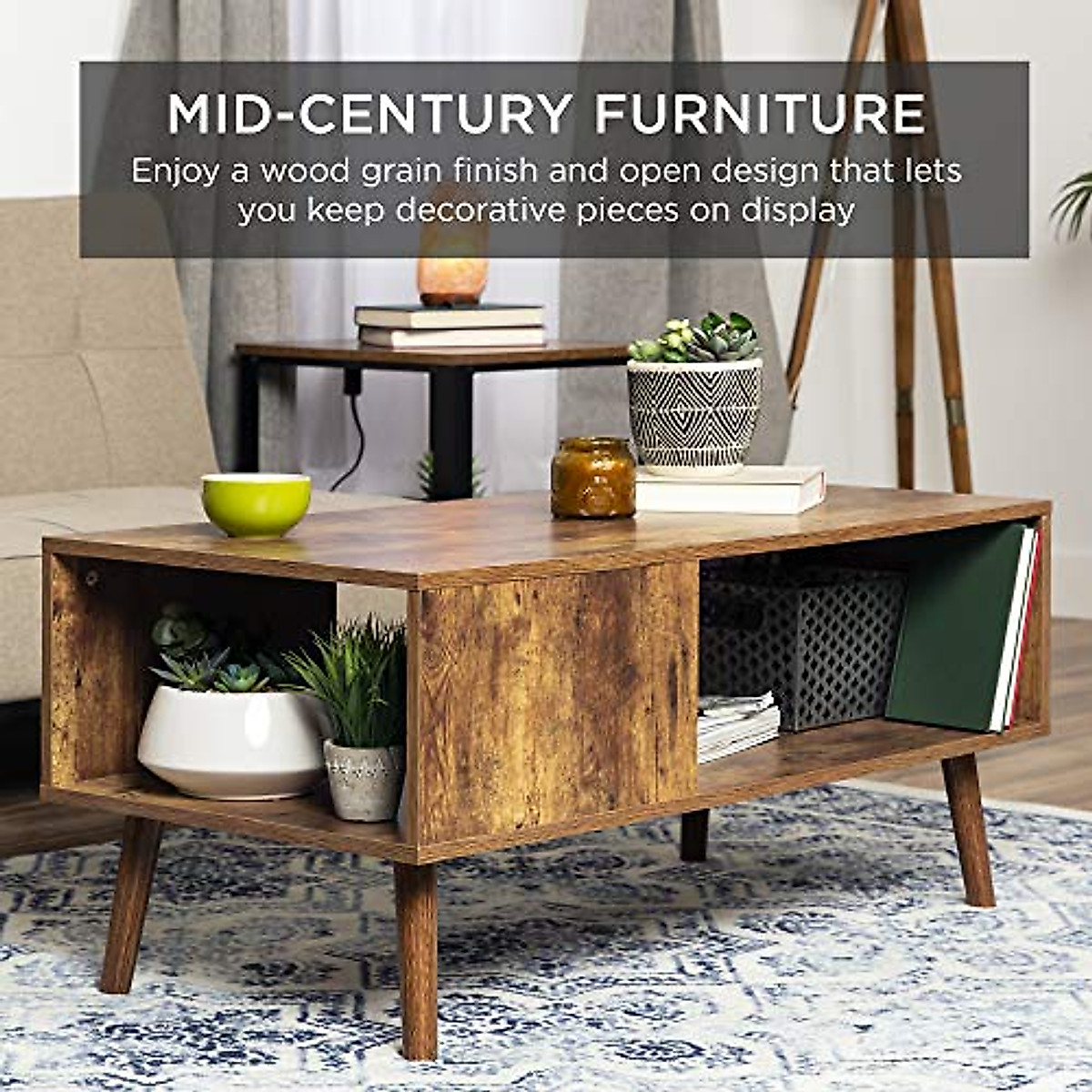 Best Choice Products Wooden Mid-Century Modern Coffee Table, Accent Furniture for Living Room, Indoor, Home Décor w/Open Storage Shelf, Wood Grain Finish - Brown