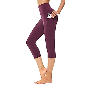 Sugar Pocket Women's High Waist Yoga Pants with Pockets?Workout Running Yoga Leggings for Women M, Dark Red Capri