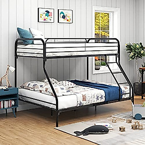 HomJoones Heavy Duty Metal Bunk Bed Twin Over Full Size, Heavy Duty Floor Bunk Beds Frame with Enhanced Upper-Level Guardrail (Black)