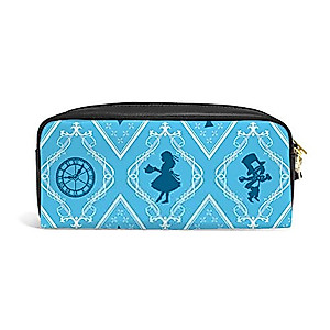 Kuizee Pencil Case Pouch Pen Bag Pen Case ﻿Wonderland Blue Small Students Stationery Pouch Zipper Bag School Office PU Leather 8 Inch