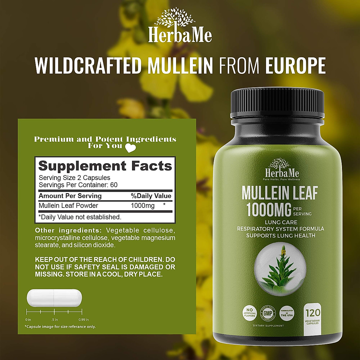 HerbaMe Mullein Leaf 1000mg, 120 Capsules, Lung Detox for Smokers, Lung Cleanse Supplement, Supports Respiratory Function Health, Promotes Mucous Membranes | Ear Health, Mucus Relief Herbal Pills