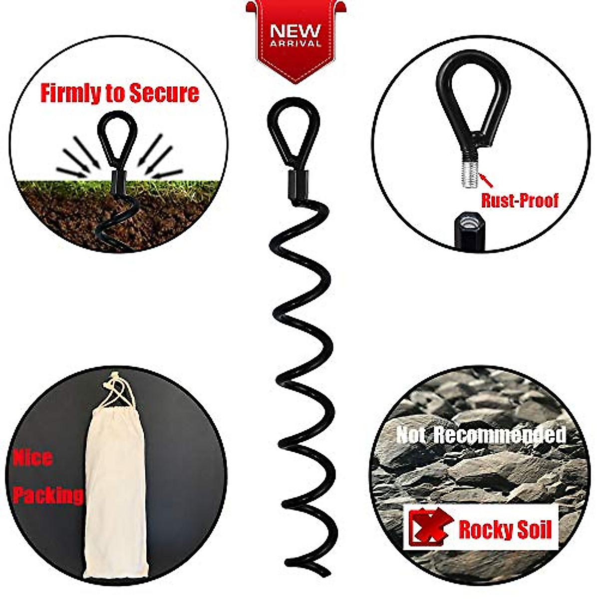 Updated Design 18 Inch Metal Spiral Stake Ring 4 Pack Spiral Ground Anchors Outdoor Heavy-Duty Camping Stakes Spiraling Anchor Ground Anchors for Tent, Trampolines, Garden Fence, Sheds, Swings