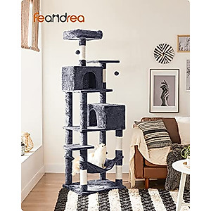 Feandrea Cat Tree, 75.2-Inch Cat Tower for Indoor Cats, Plush Multi-Level Cat Condo with 5 Scratching Posts, 2 Perches, 2 Caves, Hammock, 2 Pompoms, Smoky Gray UPCT191G01