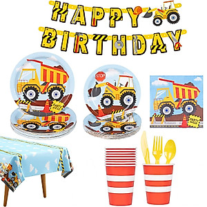 DECORLIFE Construction Birthday Party Supplies Serves 24, Construction Party Plates, 54" x108" Tablecloth, Pre-strung Banner Included, Total 170PCS